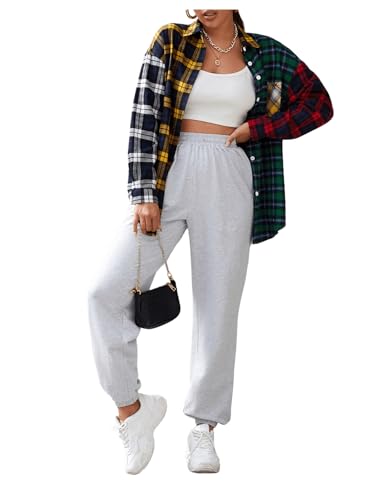 Floerns Women's Tartan Color Block Long Sleeve Plaid Button Down Blouse Multi S