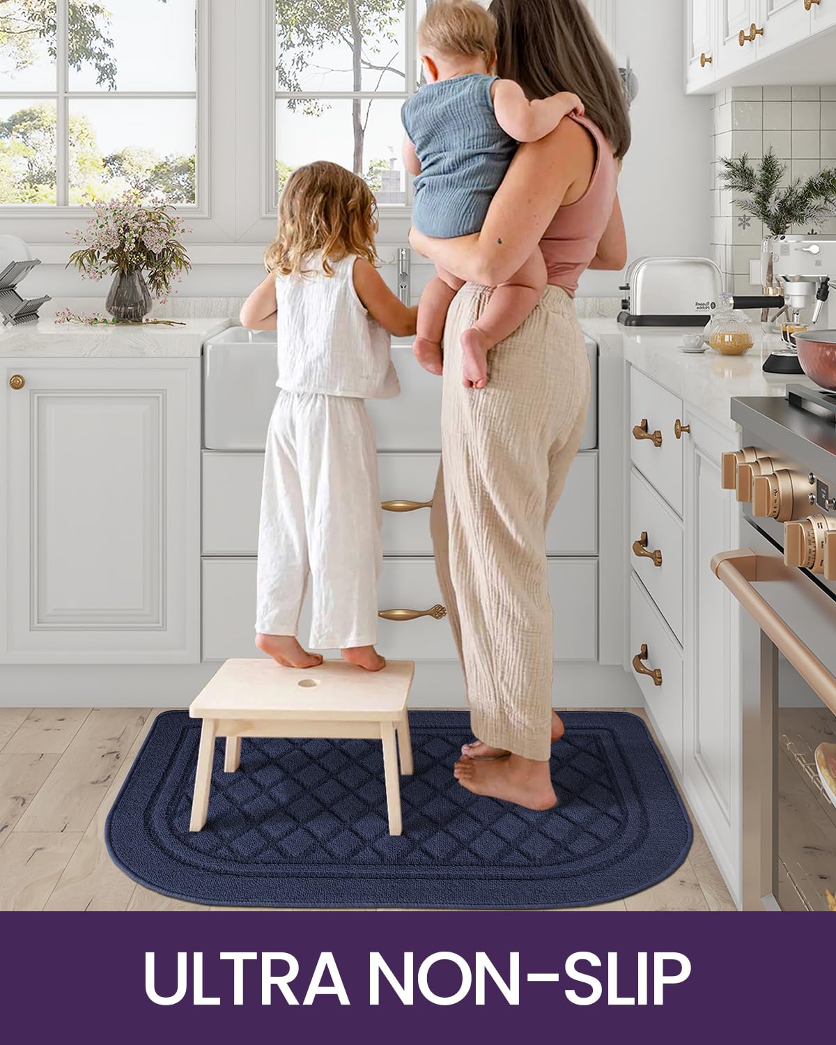 DEXI Kitchen Rug Floor Mat Half Circle Throw Rugs Washable for Sink Corner Indoor Standing Carpet 19.5"x31.5" Blue