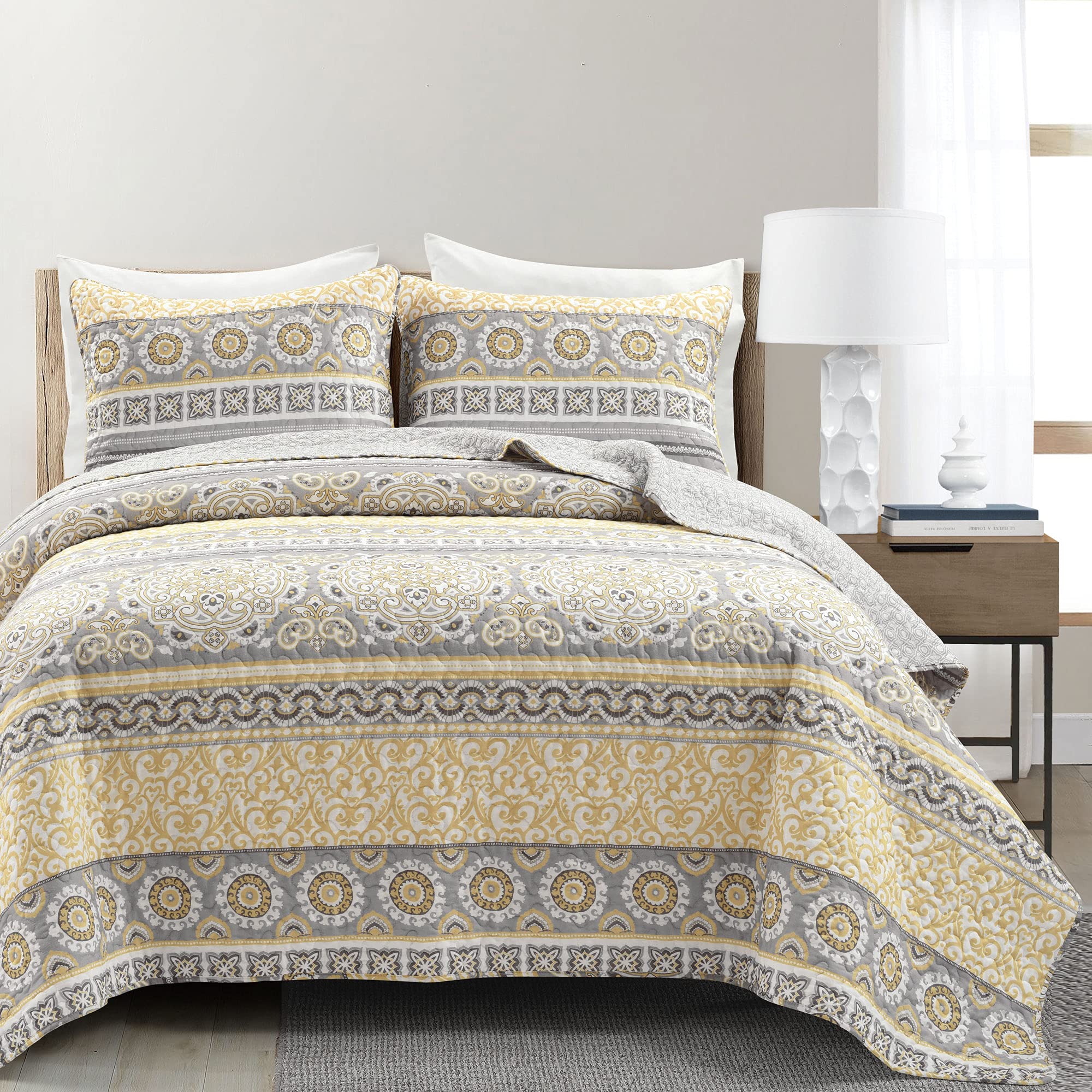 Lush Decor Nesco Stripe Reversible Cotton 3 Piece Quilt Set, King, Yellow & Gray