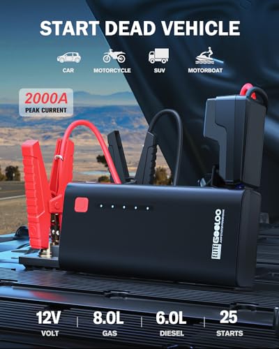 GOOLOO Jump Starter GE1200 2000A Peak Portable Jump Starter Battery Pack for Up to 8.0L Gas or 6.0L Diesel Engine with USB Quick Charge and LED Light, SuperSafe 12V Lithium Car Starter