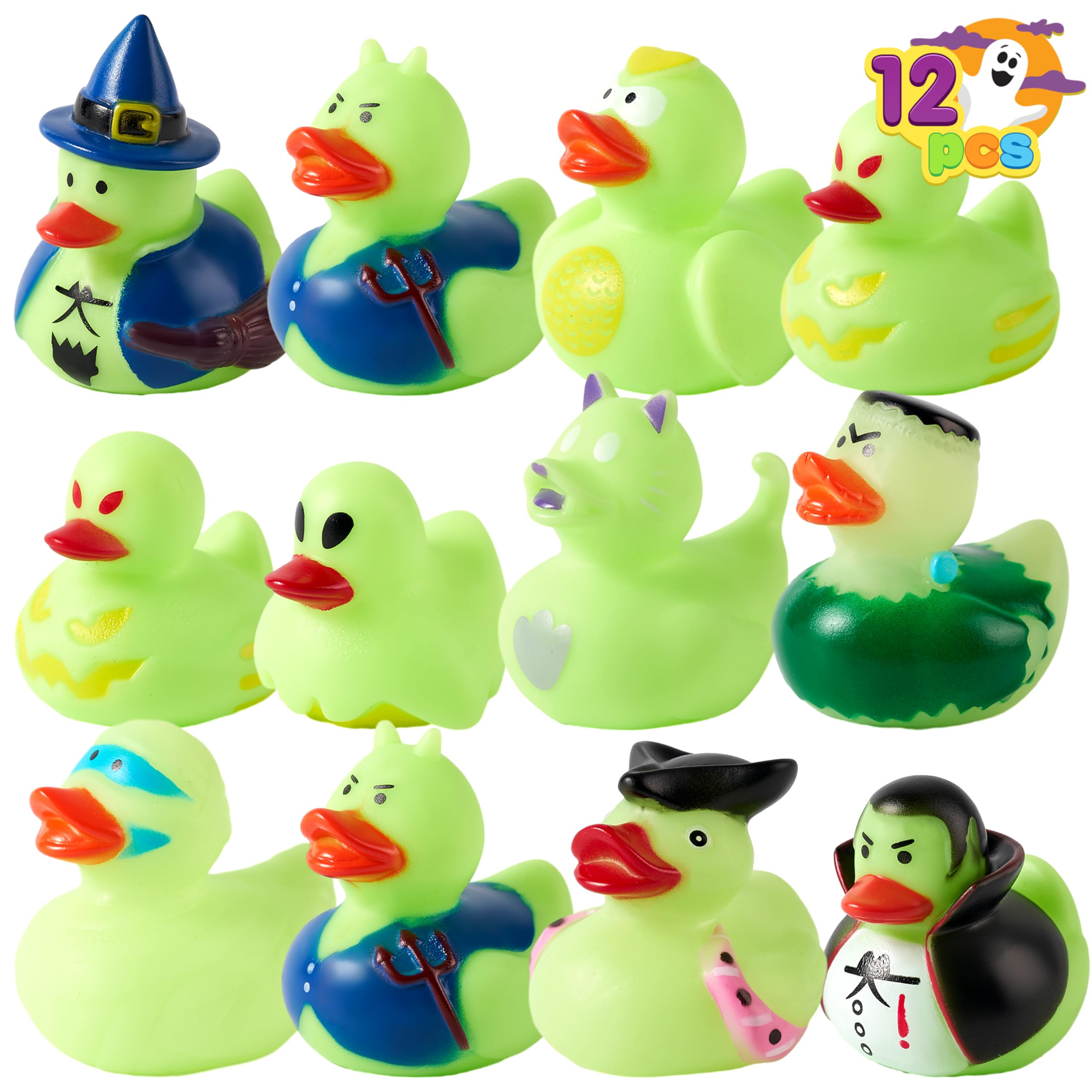 JOYIN 12 PCS Halloween Glow Ducks Bath Toys, Rubber Duckies for Trick or Treating Goodie Bag Fillers, Glow in The Dark Ducky Duck for Halloween Party Favors Decorations School Classroom Prizes