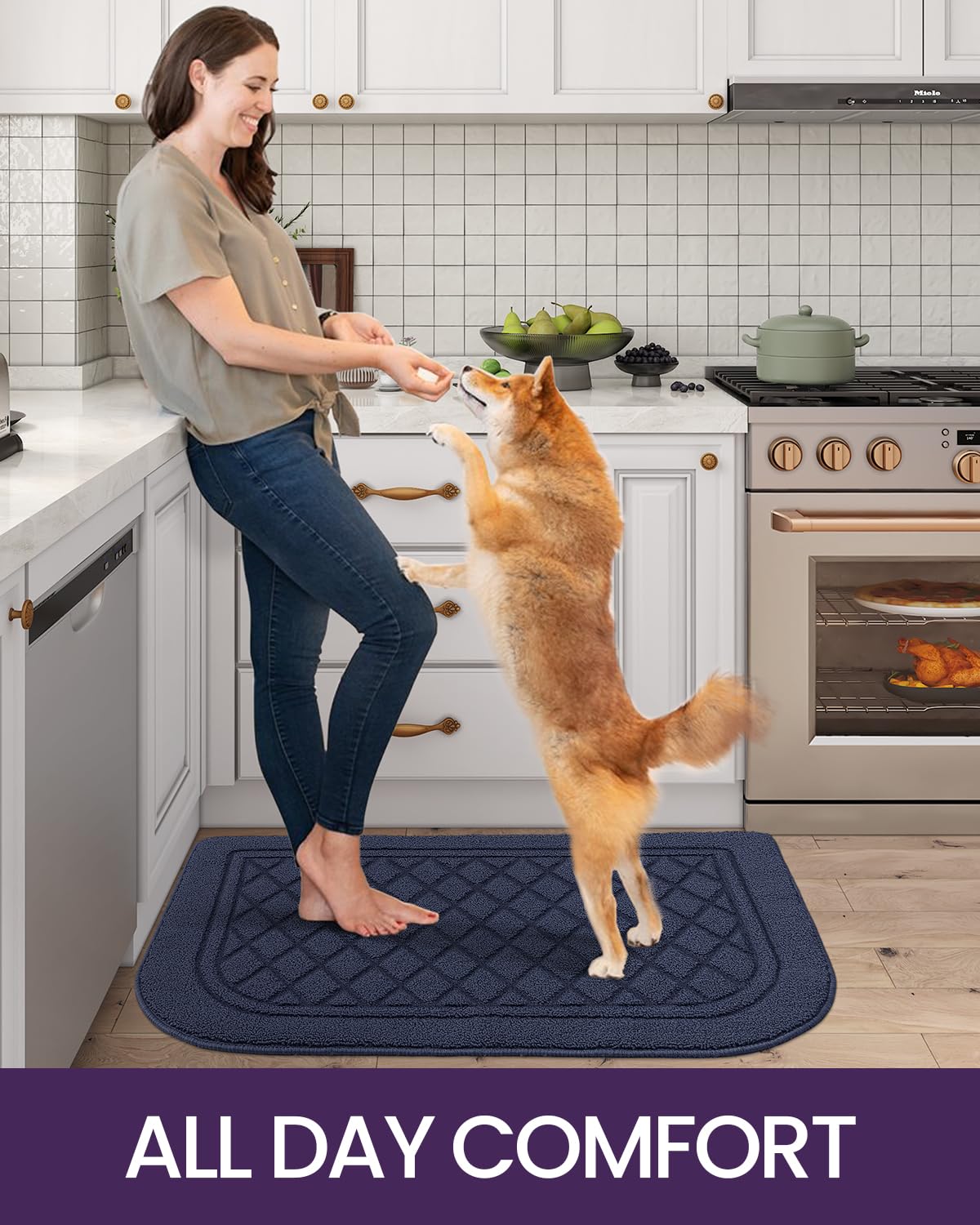 DEXI Kitchen Rug Floor Mat Half Circle Throw Rugs Washable for Sink Corner Indoor Standing Carpet 19.5"x31.5" Blue