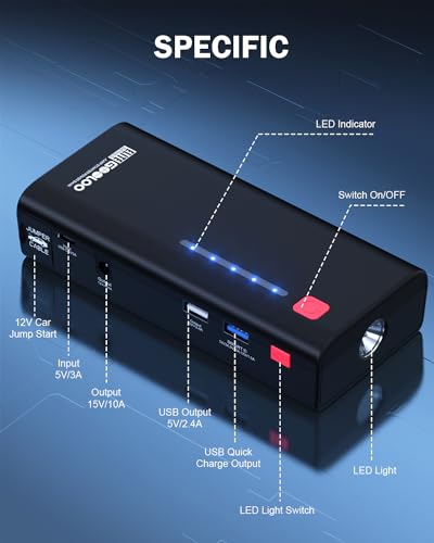 GOOLOO Jump Starter GE1200 2000A Peak Portable Jump Starter Battery Pack for Up to 8.0L Gas or 6.0L Diesel Engine with USB Quick Charge and LED Light, SuperSafe 12V Lithium Car Starter
