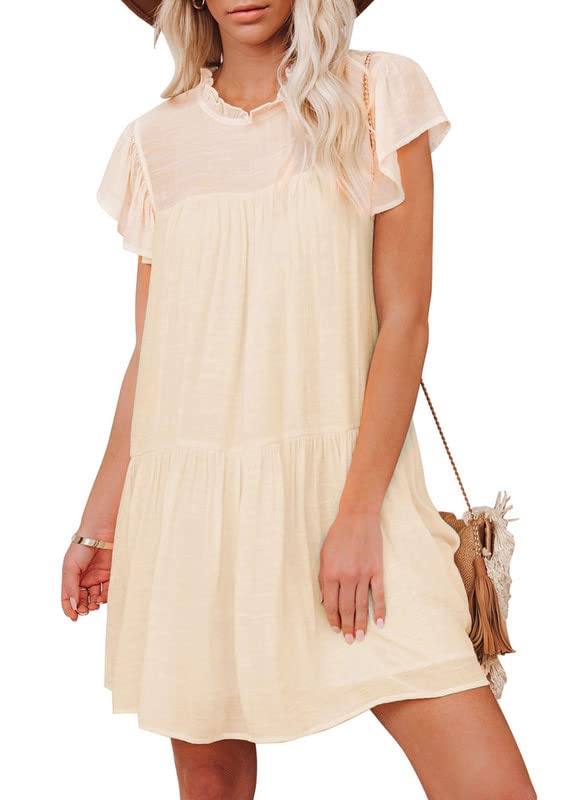 Dokotoo Womens Sundresses Ladies Summer Spring High Neck Ruffle Elegant Loose Fit Flare Short Sleeve Cute Chiffon Boho Flowy Swing Tunic Mini Short Dresses for Women Casual Summer Beige Large