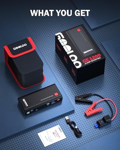 GOOLOO Jump Starter GE1200 2000A Peak Portable Jump Starter Battery Pack for Up to 8.0L Gas or 6.0L Diesel Engine with USB Quick Charge and LED Light, SuperSafe 12V Lithium Car Starter