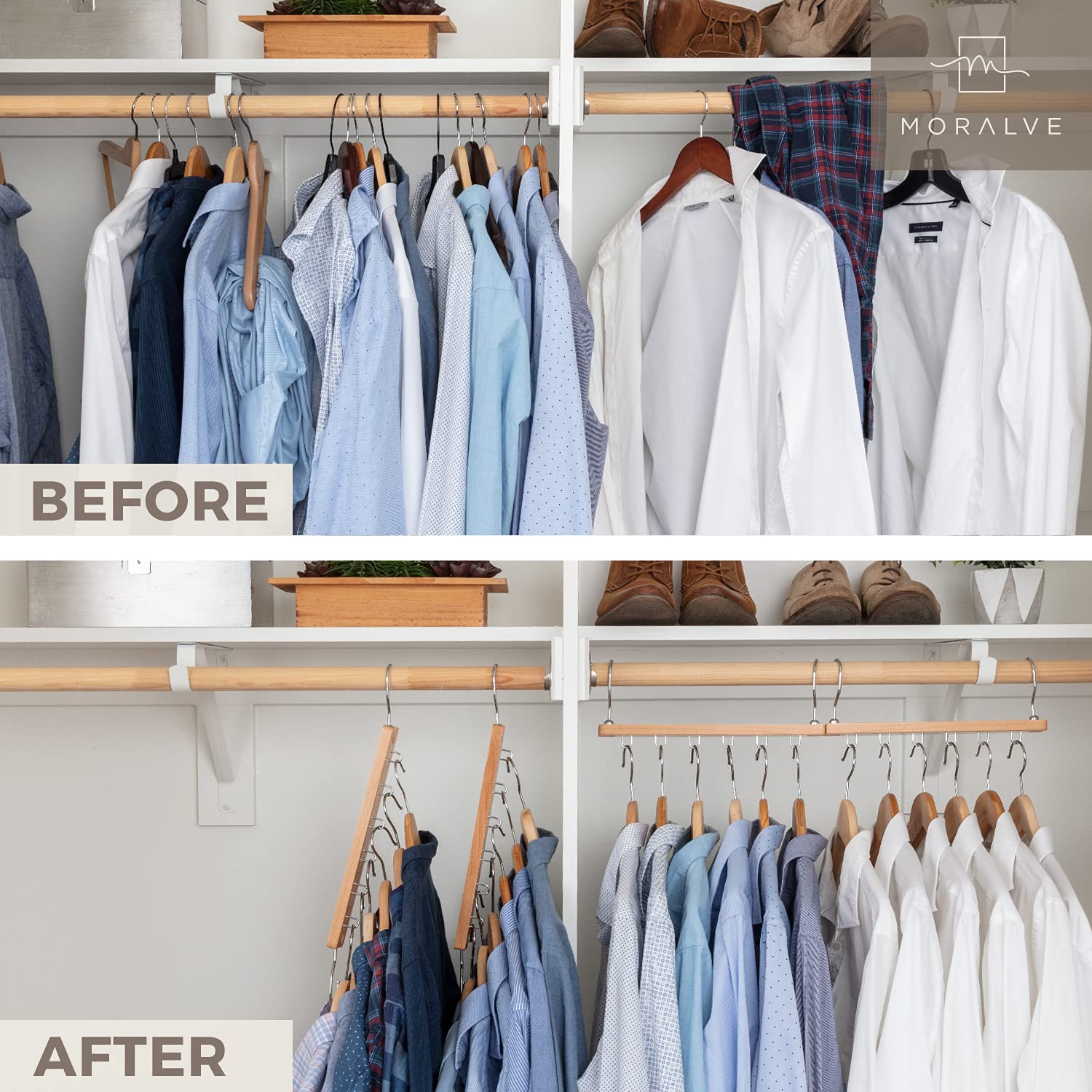 MORALVE Space Saving Hangers for Closet - 4 Pack European Beechwood Shirt Organizer with 360° Swivel Hook - Collapsible Clothes Hangers for Space Saving and Closet Organization