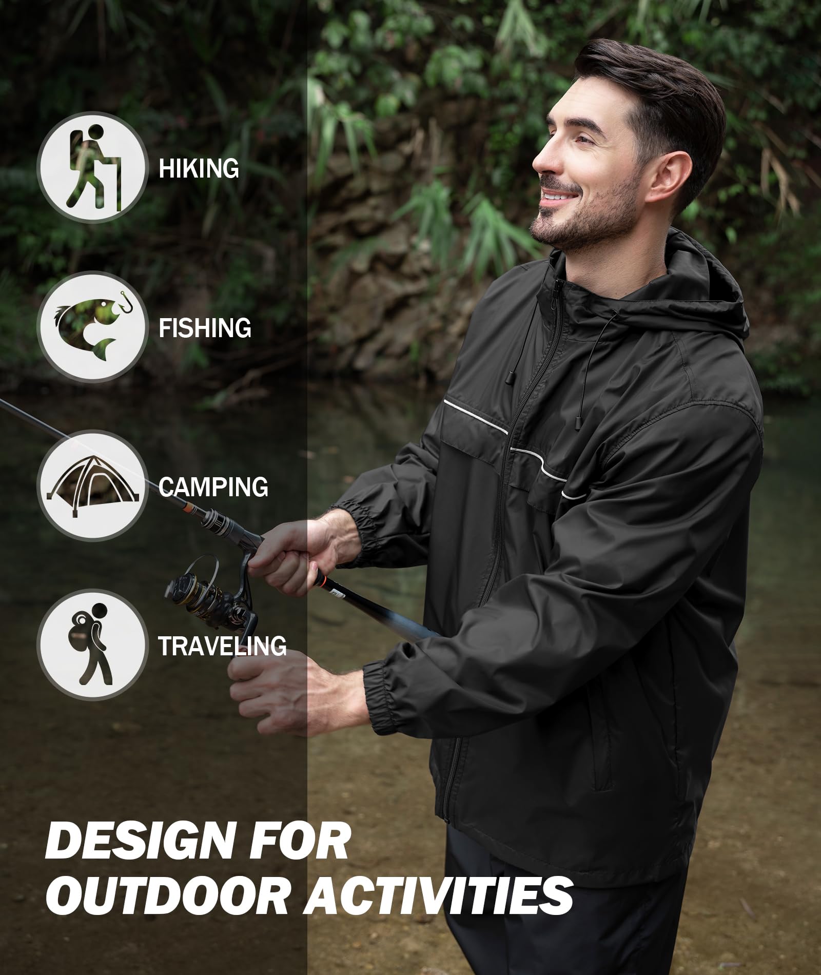 SWISSWELL Mens Waterproof Windbreaker Rain Jacket Lightweight Packable Raincoat with Hood for Golf Hiking Travel Black Large