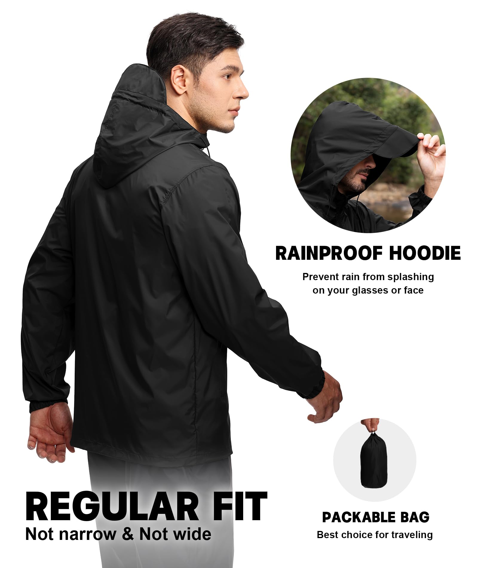 SWISSWELL Mens Waterproof Windbreaker Rain Jacket Lightweight Packable Raincoat with Hood for Golf Hiking Travel Black Large