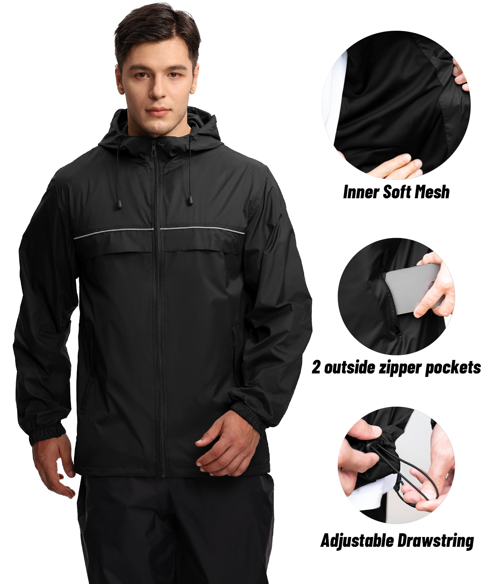 SWISSWELL Mens Waterproof Windbreaker Rain Jacket Lightweight Packable Raincoat with Hood for Golf Hiking Travel Black Large