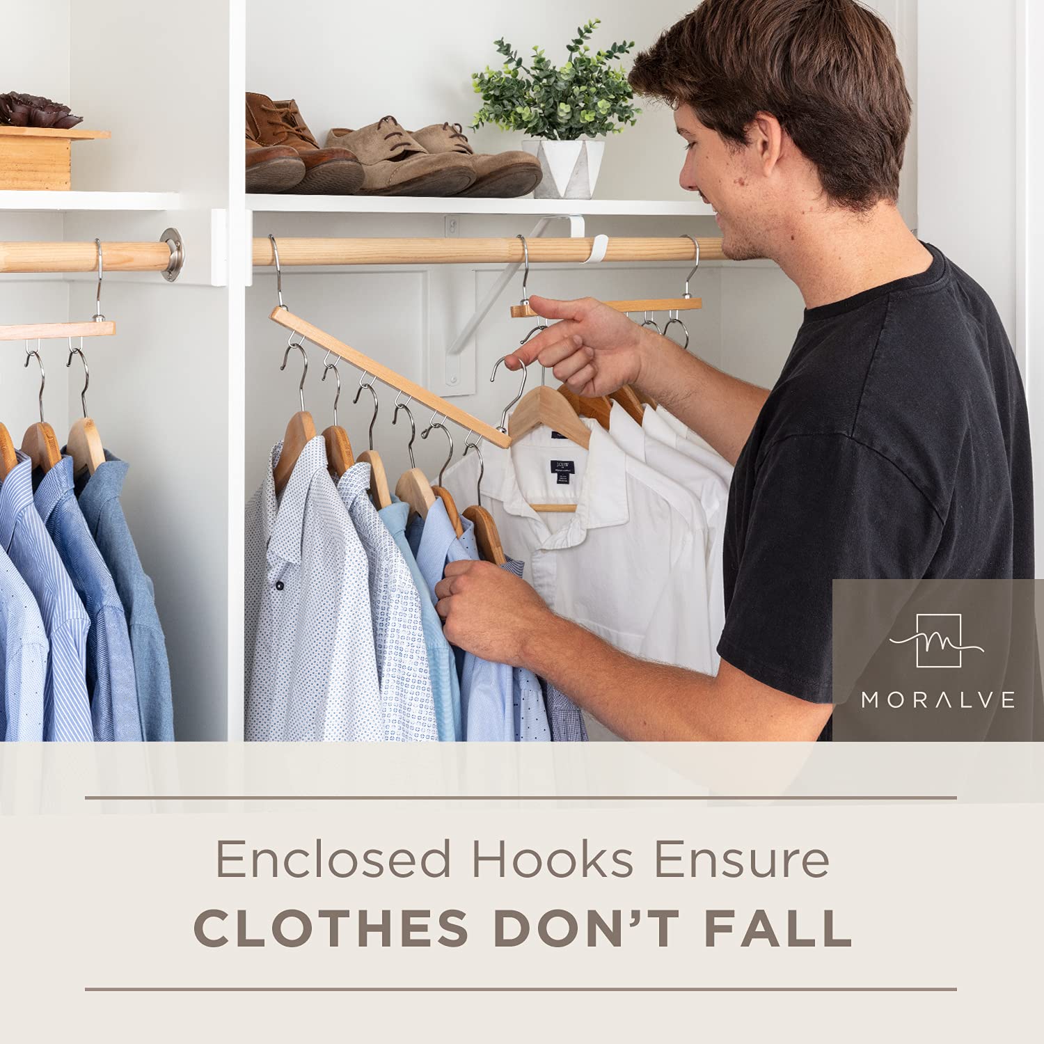 MORALVE Space Saving Hangers for Closet - 4 Pack European Beechwood Shirt Organizer with 360° Swivel Hook - Collapsible Clothes Hangers for Space Saving and Closet Organization