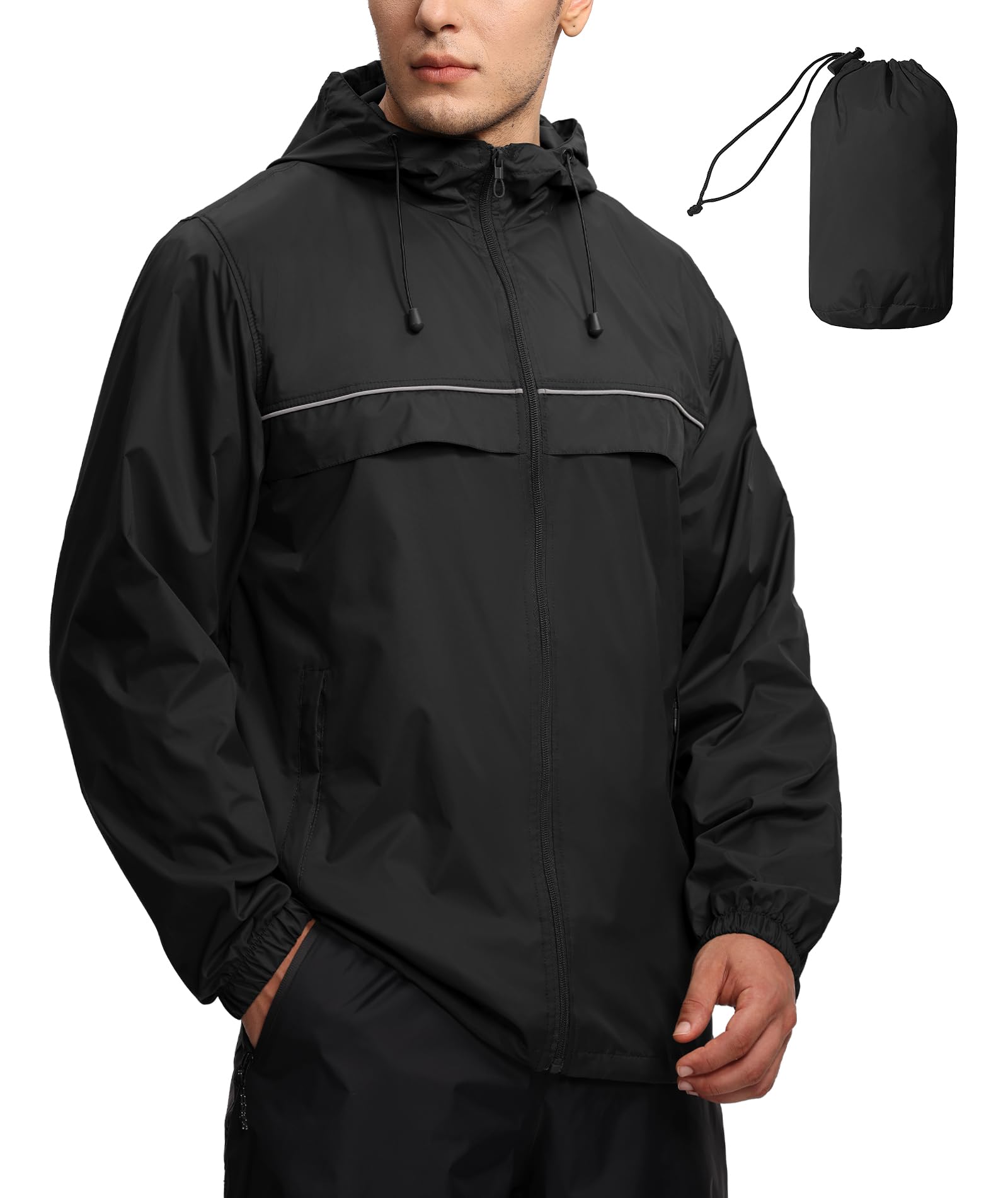 SWISSWELL Mens Waterproof Windbreaker Rain Jacket Lightweight Packable Raincoat with Hood for Golf Hiking Travel Black Large