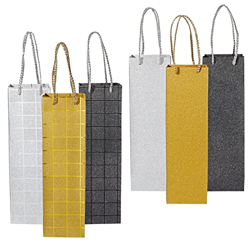 Juvale 6 Pack Foiled Glitter Wine Bottle Gift Bags with Handles for Holidays, New Years, Birthdays (Silver, Black, Gold, 3.8 x 14 x 3.3 In)