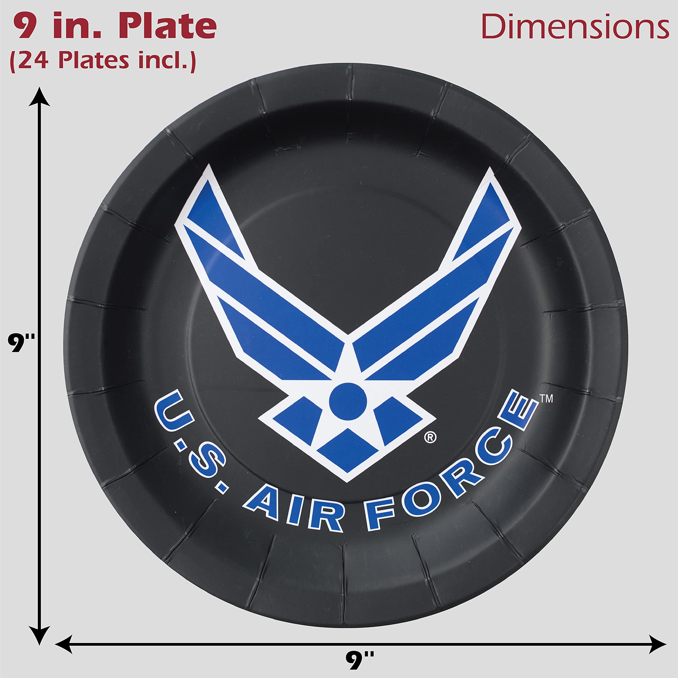 Havercamp U.S. Air Force Party Plates (24-pack)! includes 24 Lg. 9” Round Dinner Plates in Official Licensed Air Force Logo