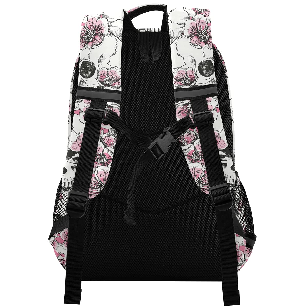 MNSRUU School Backpack with Chest Strap, Halloween Skull Flowers And Pink Cherries Laptop Backpack, Travel Hiking Backpack for Boys Girls, Rucksack, Knapsack