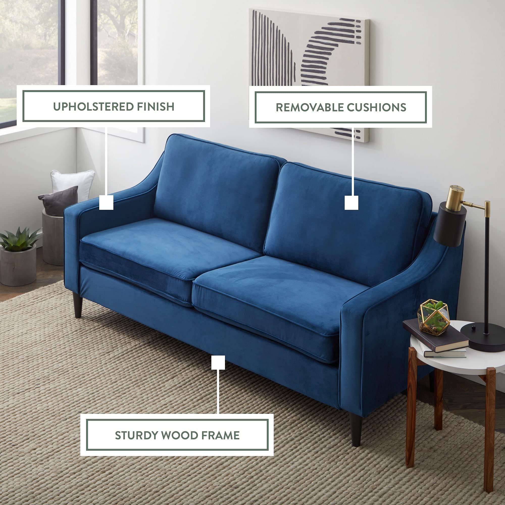 Edenbrook Jensen Upholstered Couch - Blue Velvet Living Room Couch - Seats Three - Modern Scoop Arm Design
