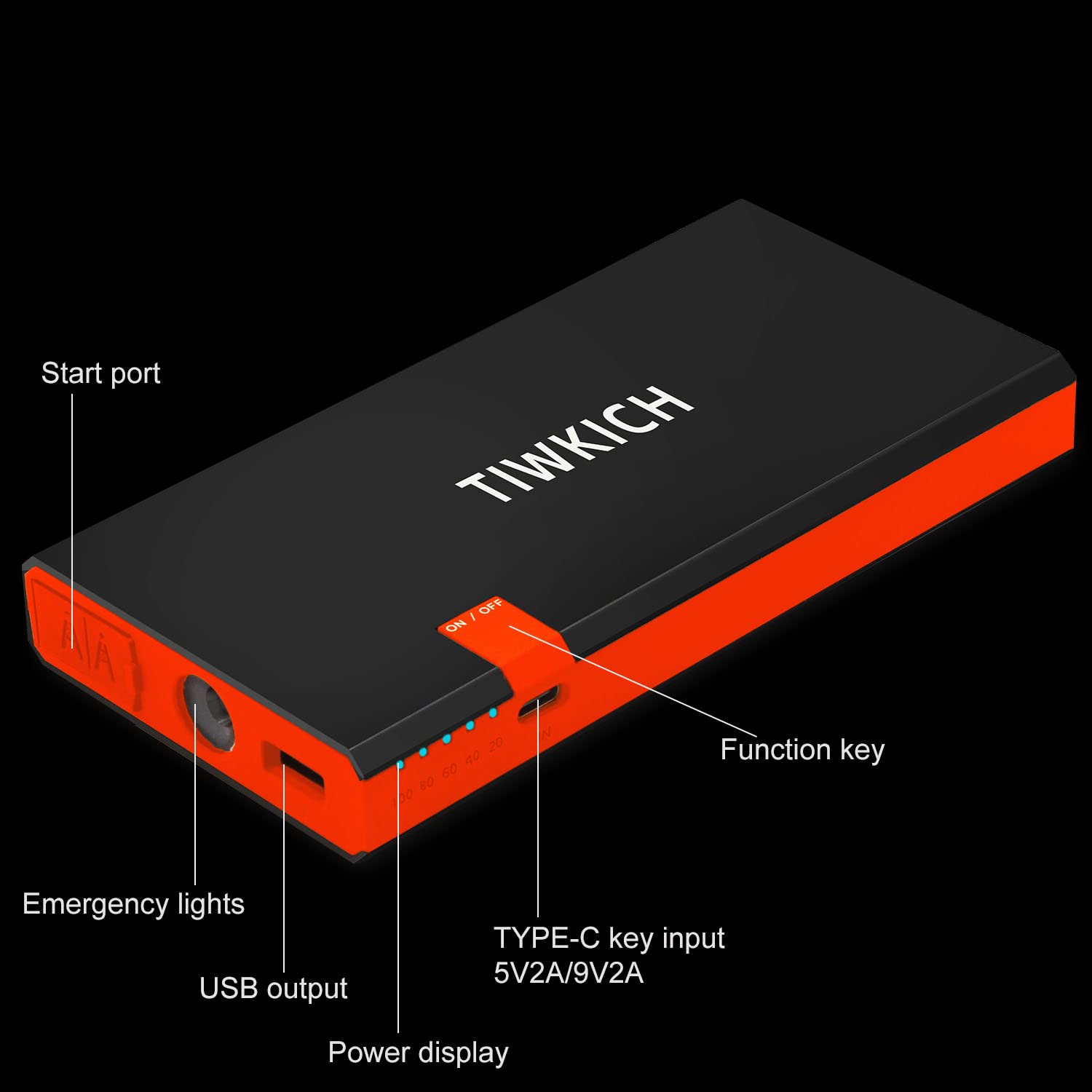 TIWKICH A13 Car Jump Starter 1000A (Up to 5.0L Gas and 2.0L Diesel Engines),12V Lithium Auto Portable Battery Charger jumpstart Booster Pack with LED Light and Tpy-c