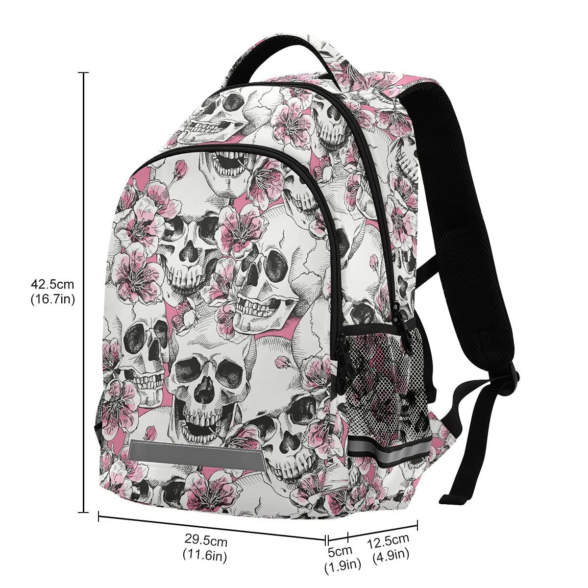 MNSRUU School Backpack with Chest Strap, Halloween Skull Flowers And Pink Cherries Laptop Backpack, Travel Hiking Backpack for Boys Girls, Rucksack, Knapsack