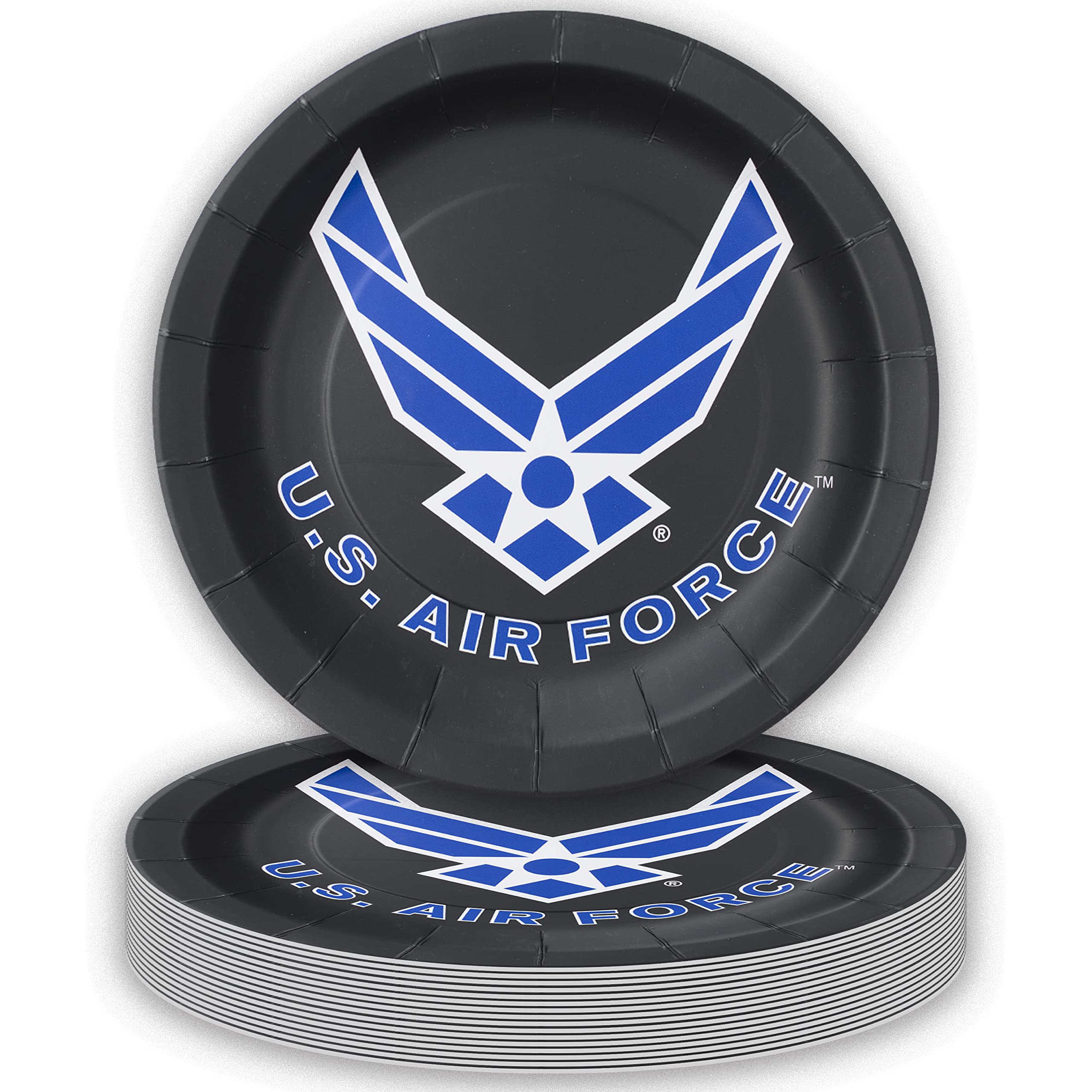 Havercamp U.S. Air Force Party Plates (24-pack)! includes 24 Lg. 9” Round Dinner Plates in Official Licensed Air Force Logo