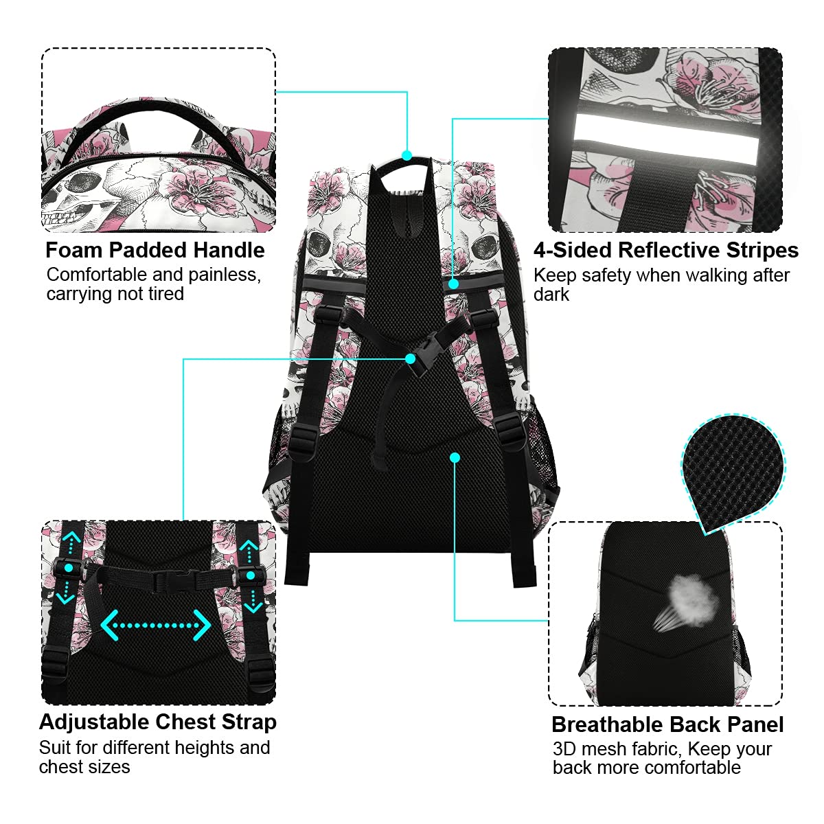 MNSRUU School Backpack with Chest Strap, Halloween Skull Flowers And Pink Cherries Laptop Backpack, Travel Hiking Backpack for Boys Girls, Rucksack, Knapsack