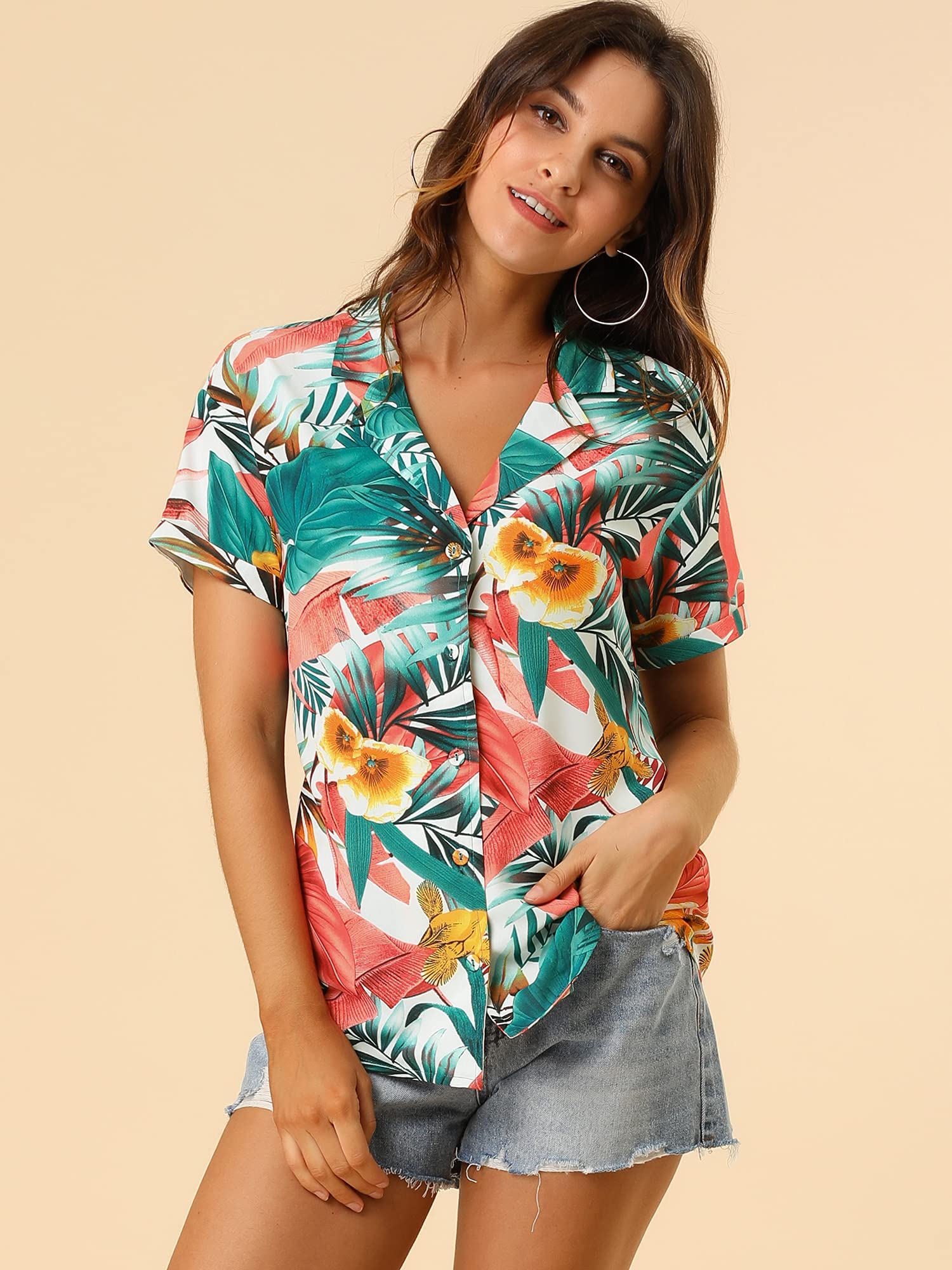 Allegra K Women's Hawaiian Shirt Floral Leaves Printed Short Sleeve Top Tropical Button Down Shirt Summer Fashion 2024 X-Small White