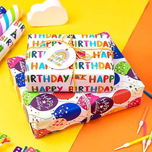 WRAPAHOLIC Birthday Wrapping Paper Roll - Mini Roll - 3 Rolls - 17 Inch X 120 Inch Per Roll - Colorful Balloons, Stripes, Happy Birthday for Party, Celebration, Baby Shower