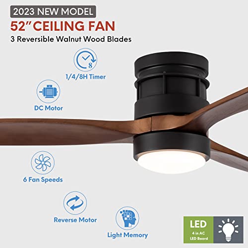 EKIZNSN 52 Inch Modern Outdoor Flush Mount Ceiling Fan with Lights Remote Control, Low Profile Wood Ceiling Fan with 3 Blades for Bedroom/Living Room, Walnut Wood