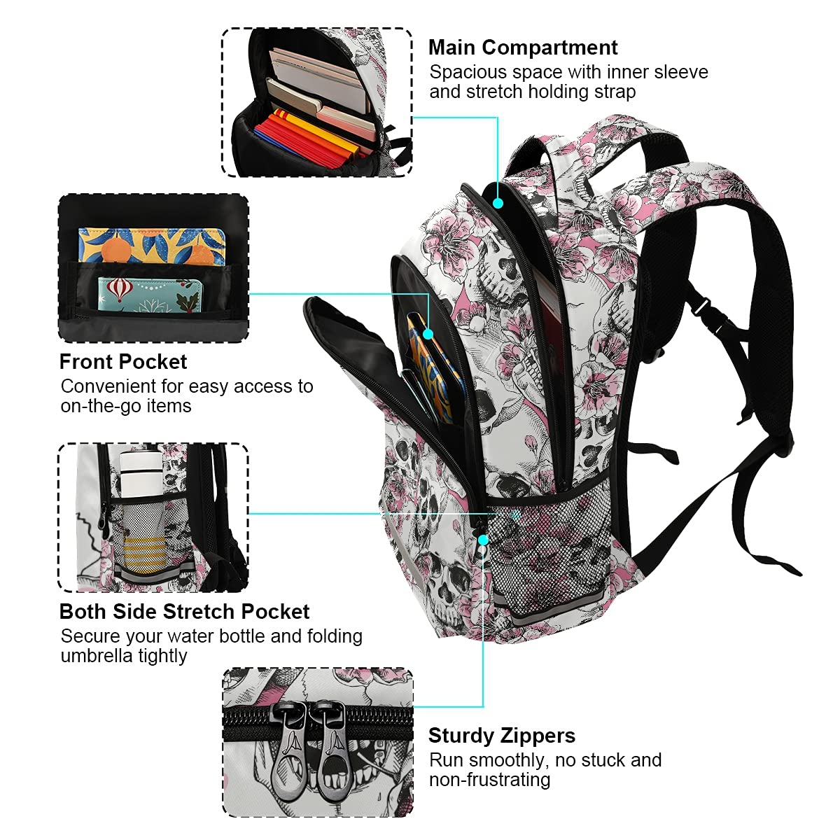 MNSRUU School Backpack with Chest Strap, Halloween Skull Flowers And Pink Cherries Laptop Backpack, Travel Hiking Backpack for Boys Girls, Rucksack, Knapsack