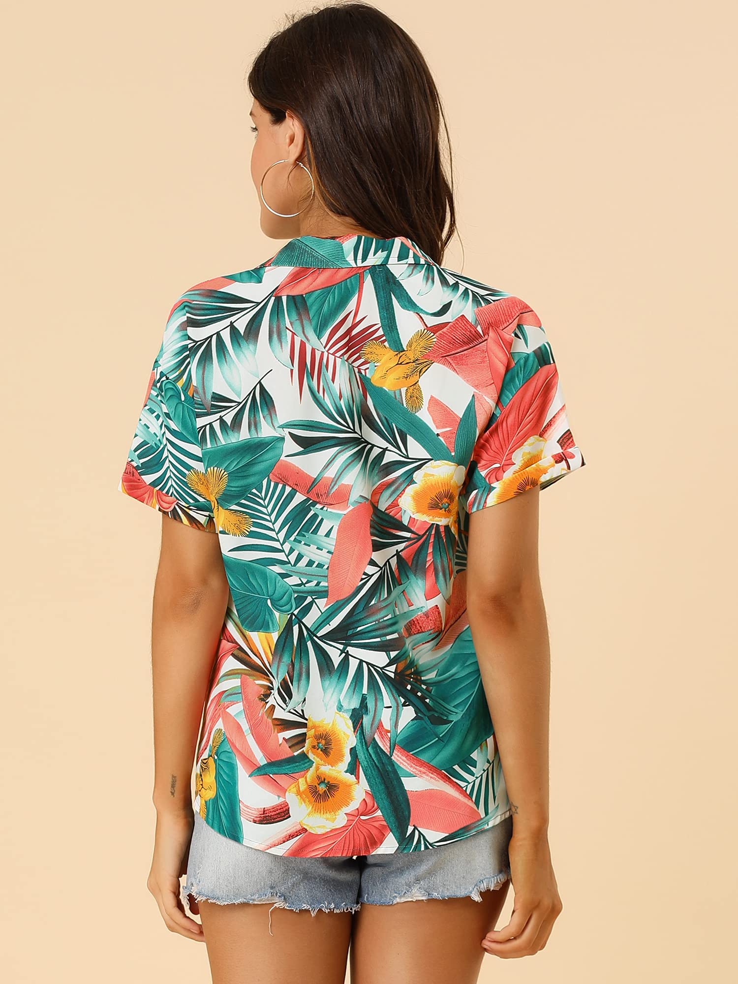 Allegra K Women's Hawaiian Shirt Floral Leaves Printed Short Sleeve Top Tropical Button Down Shirt Summer Fashion 2024 X-Small White