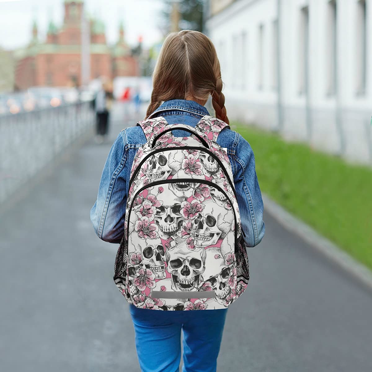 MNSRUU School Backpack with Chest Strap, Halloween Skull Flowers And Pink Cherries Laptop Backpack, Travel Hiking Backpack for Boys Girls, Rucksack, Knapsack