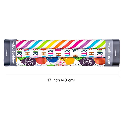 WRAPAHOLIC Birthday Wrapping Paper Roll - Mini Roll - 3 Rolls - 17 Inch X 120 Inch Per Roll - Colorful Balloons, Stripes, Happy Birthday for Party, Celebration, Baby Shower