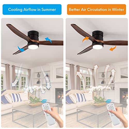 EKIZNSN 52 Inch Modern Outdoor Flush Mount Ceiling Fan with Lights Remote Control, Low Profile Wood Ceiling Fan with 3 Blades for Bedroom/Living Room, Walnut Wood