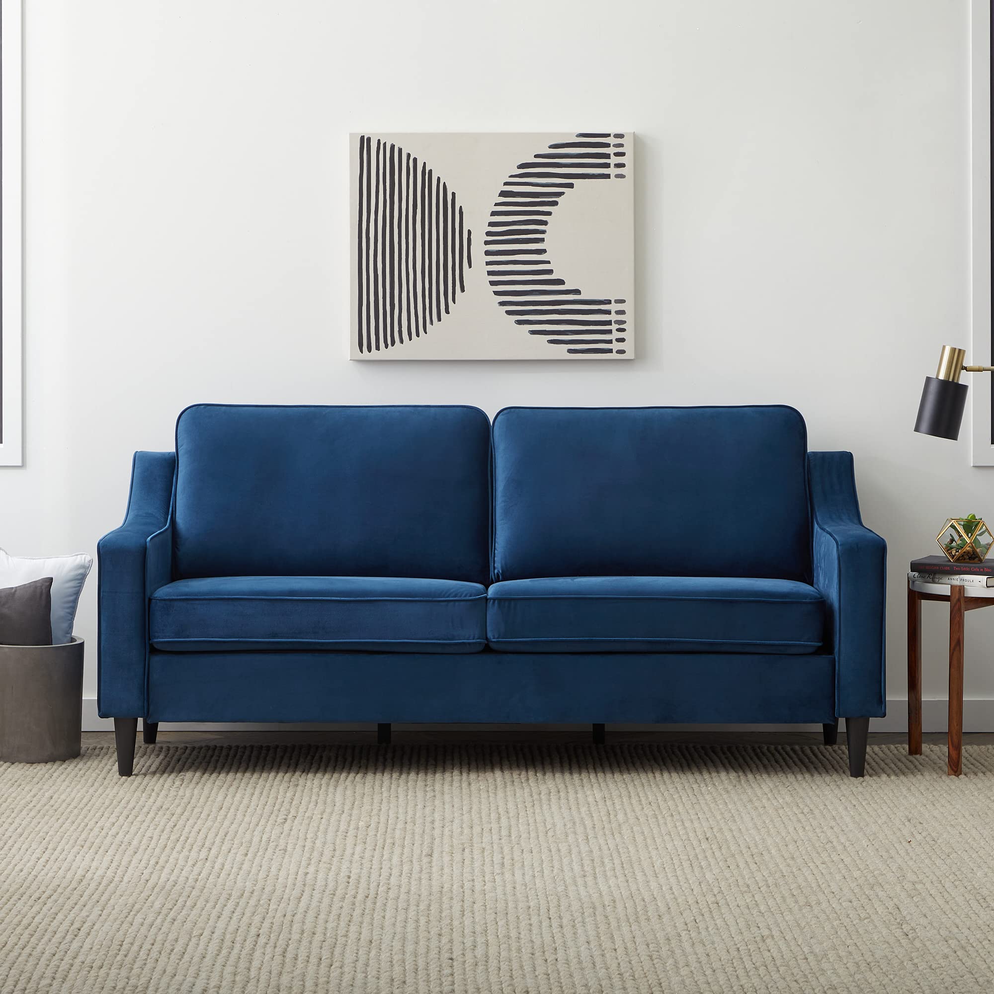 Edenbrook Jensen Upholstered Couch - Blue Velvet Living Room Couch - Seats Three - Modern Scoop Arm Design