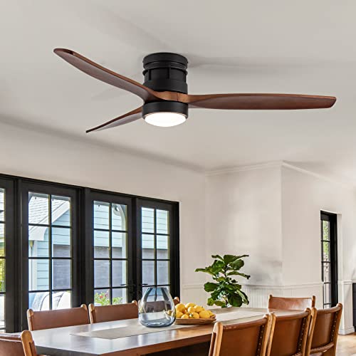 EKIZNSN 52 Inch Modern Outdoor Flush Mount Ceiling Fan with Lights Remote Control, Low Profile Wood Ceiling Fan with 3 Blades for Bedroom/Living Room, Walnut Wood