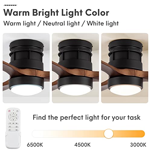 EKIZNSN 52 Inch Modern Outdoor Flush Mount Ceiling Fan with Lights Remote Control, Low Profile Wood Ceiling Fan with 3 Blades for Bedroom/Living Room, Walnut Wood