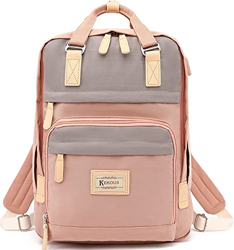 KeKour Laptop Backpack for Women,14 Inch Work Laptop Bag with USB Port Travel Computer College Casual Daypack for Weekender (Pink)