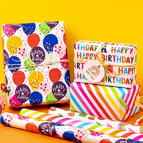 WRAPAHOLIC Birthday Wrapping Paper Roll - Mini Roll - 3 Rolls - 17 Inch X 120 Inch Per Roll - Colorful Balloons, Stripes, Happy Birthday for Party, Celebration, Baby Shower