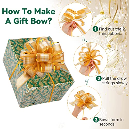 Amcami 20 Pieces Large Christmas Pull Bows for Gift Wrapping Big Gold Ribbon Bows for Xmas Gift Baskets Wine Bottles Decoration Gift Bows Organza Pull Bow for Wedding Party Birthdays Holidays