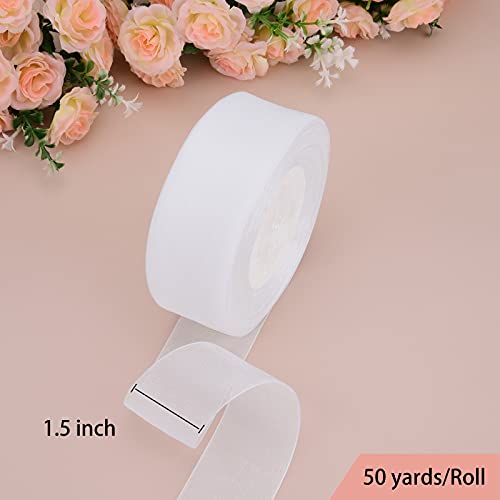 Hapeper 1-1/2 Inch Sheer Organza Ribbon for Gift Wrapping, Party Decoration 50 Yards/ Roll (White)
