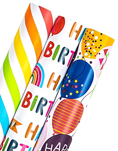 WRAPAHOLIC Birthday Wrapping Paper Roll - Mini Roll - 3 Rolls - 17 Inch X 120 Inch Per Roll - Colorful Balloons, Stripes, Happy Birthday for Party, Celebration, Baby Shower
