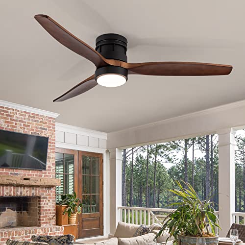 EKIZNSN 52 Inch Modern Outdoor Flush Mount Ceiling Fan with Lights Remote Control, Low Profile Wood Ceiling Fan with 3 Blades for Bedroom/Living Room, Walnut Wood