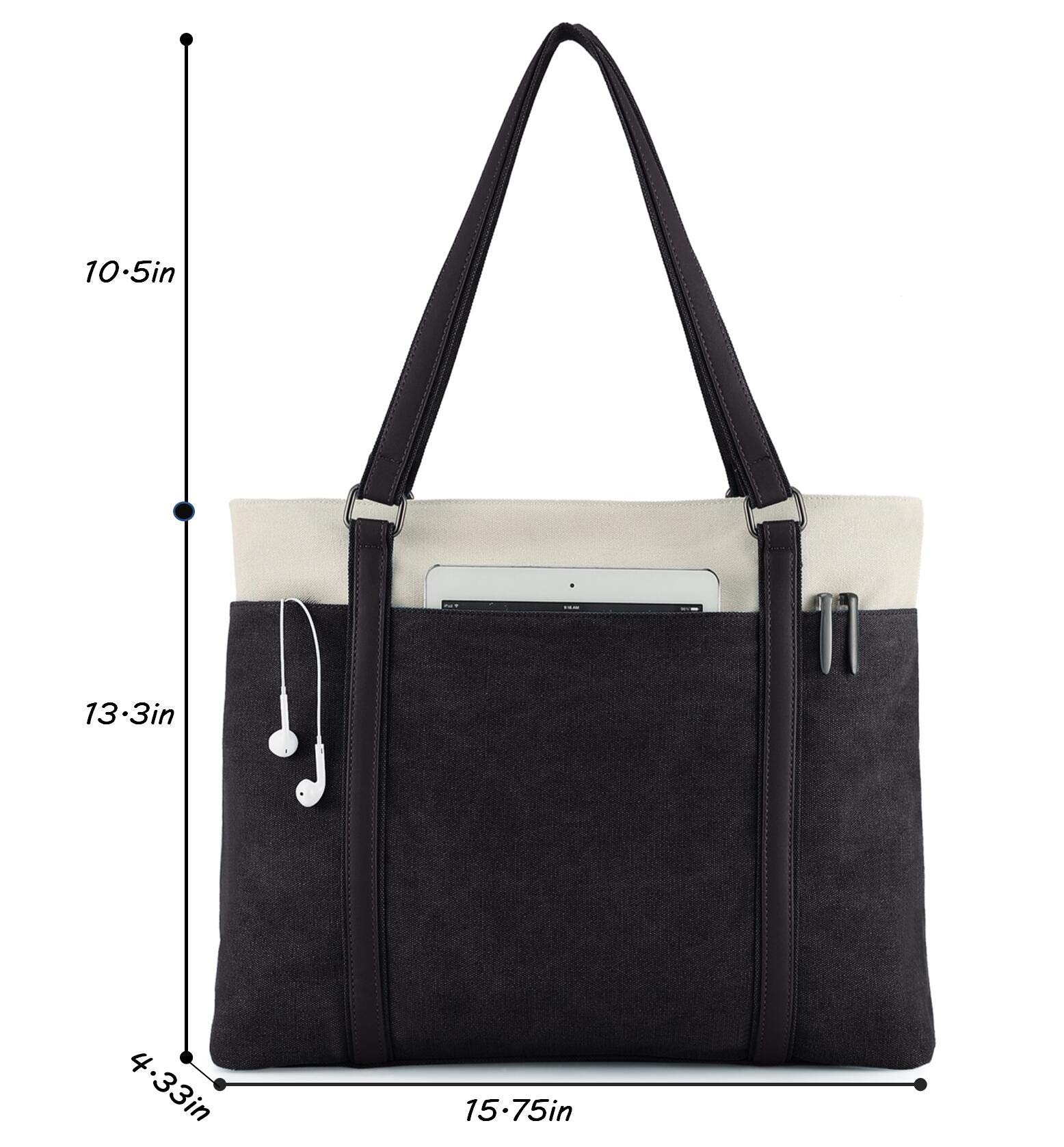 VOGUZY Laptop Tote Bag 15.6 Inch, Canvas Large Work Tote Bag Computer Shoulder Bag for Women,Laptop Carrying Case Gift for Office College Travel,Black