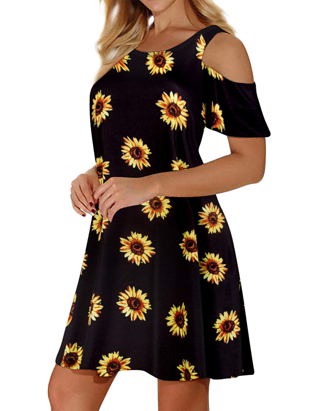 Tanst Sky Sunflower Dress for Women, Ladies Summer Sexy Club Outfits Vestidos De Verano para Mujer Stretchy Mid Length Swing Sun Dresses with Pockets Black L