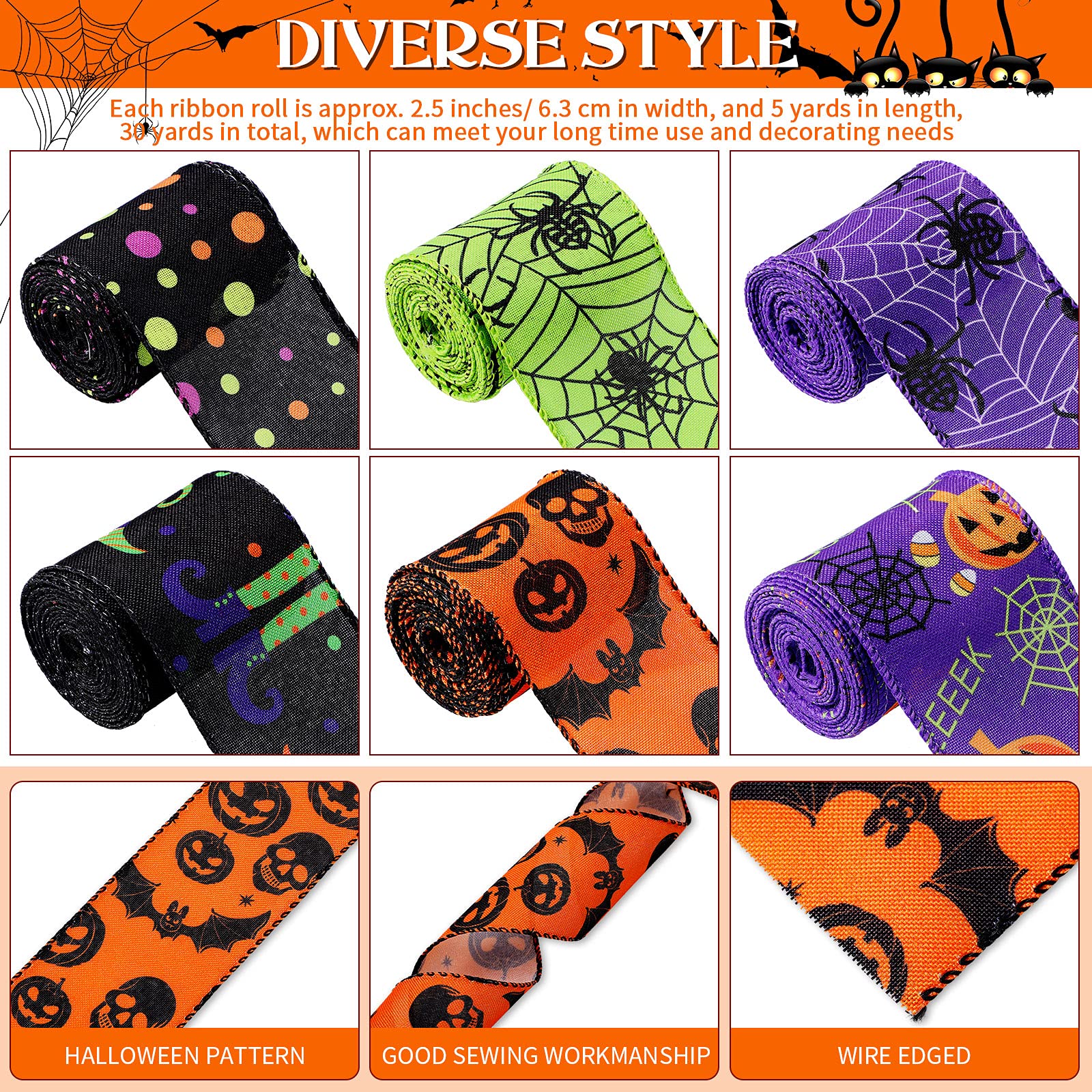 6 Rolls 30 Yards Wired Edge Ribbons - Bat Spider Web Printed Ribbons with Witch Legs, Skull, Pumpkin Designs - Perfect for Halloween Home Decor, Wreaths, DIY Crafts and Floral Bows