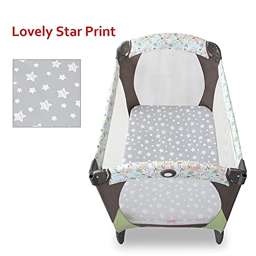Pack and Play Sheets Fitted Compatible with Graco Pack N Play, Mini Crib Sheets 39"x 27"x 5'' fits Playard Playpen, Lovely Star Print Pack and Play Fitted Sheets for Boys and Girls Mini Crib Bedding