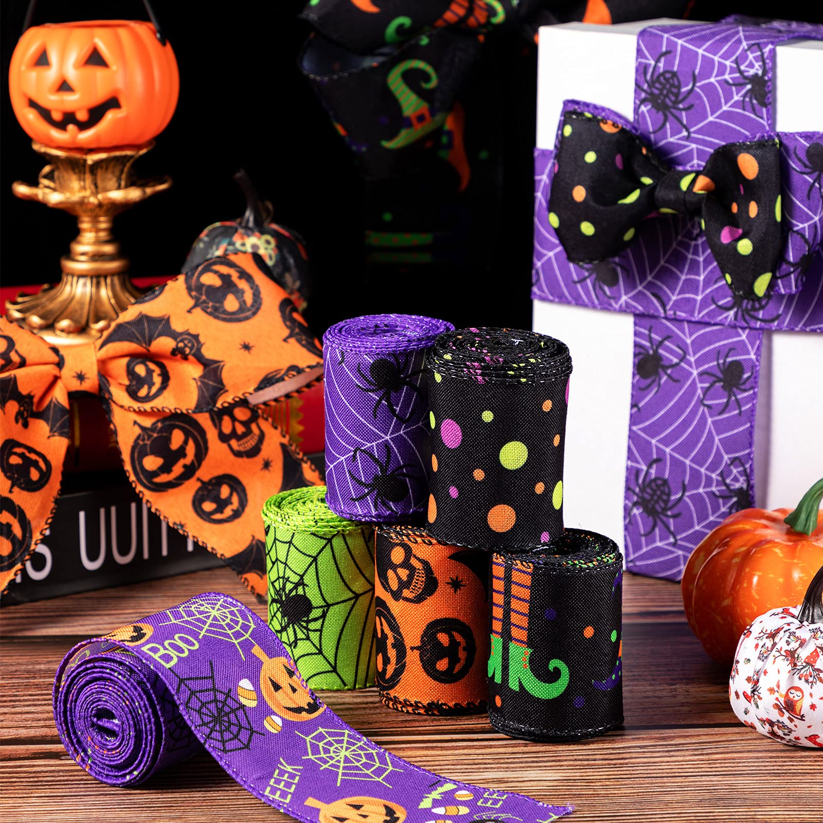 6 Rolls 30 Yards Wired Edge Ribbons - Bat Spider Web Printed Ribbons with Witch Legs, Skull, Pumpkin Designs - Perfect for Halloween Home Decor, Wreaths, DIY Crafts and Floral Bows
