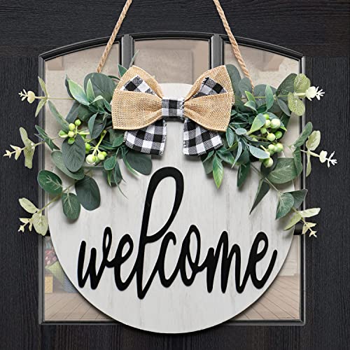 Alynsehom Welcome Sign Front Door Welcome Wreaths Wood Sign for Farmhouse Porch Decor Rustic Wooden Wall Sign Hangers Door Decorations Outdoor Hanging Craft (White)
