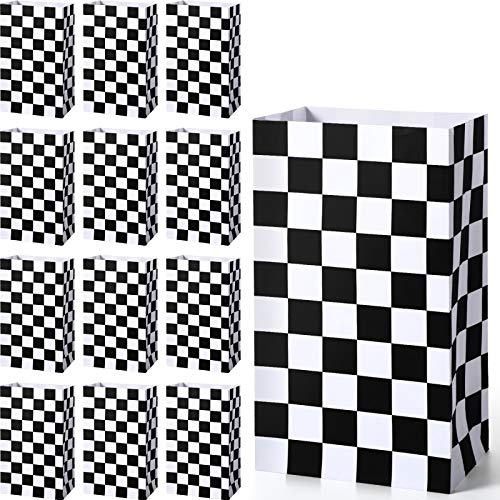 28 Pack Checkered Racing Treat Bags, Black and White Race Car Favor Bags, Kraft Paper Popcorn Boxes Goodie Bags Candy Bags for Monster Truck Cars Birthday Party Decorations