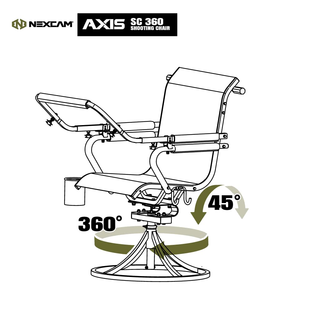 NEXCAM® AXIS SC 360 Shooting Chair. First of its Kind Dual-axis Swivel and Tilting Shooting Chair with Rail. Patent Pending