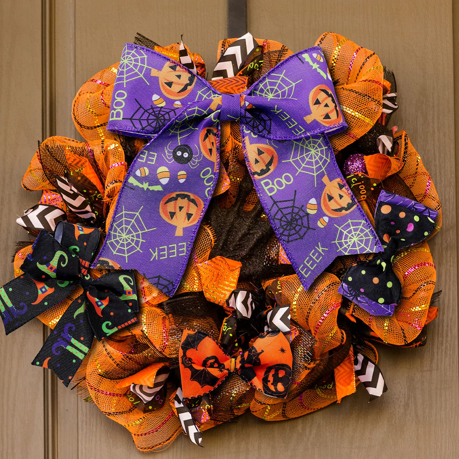 6 Rolls 30 Yards Wired Edge Ribbons - Bat Spider Web Printed Ribbons with Witch Legs, Skull, Pumpkin Designs - Perfect for Halloween Home Decor, Wreaths, DIY Crafts and Floral Bows