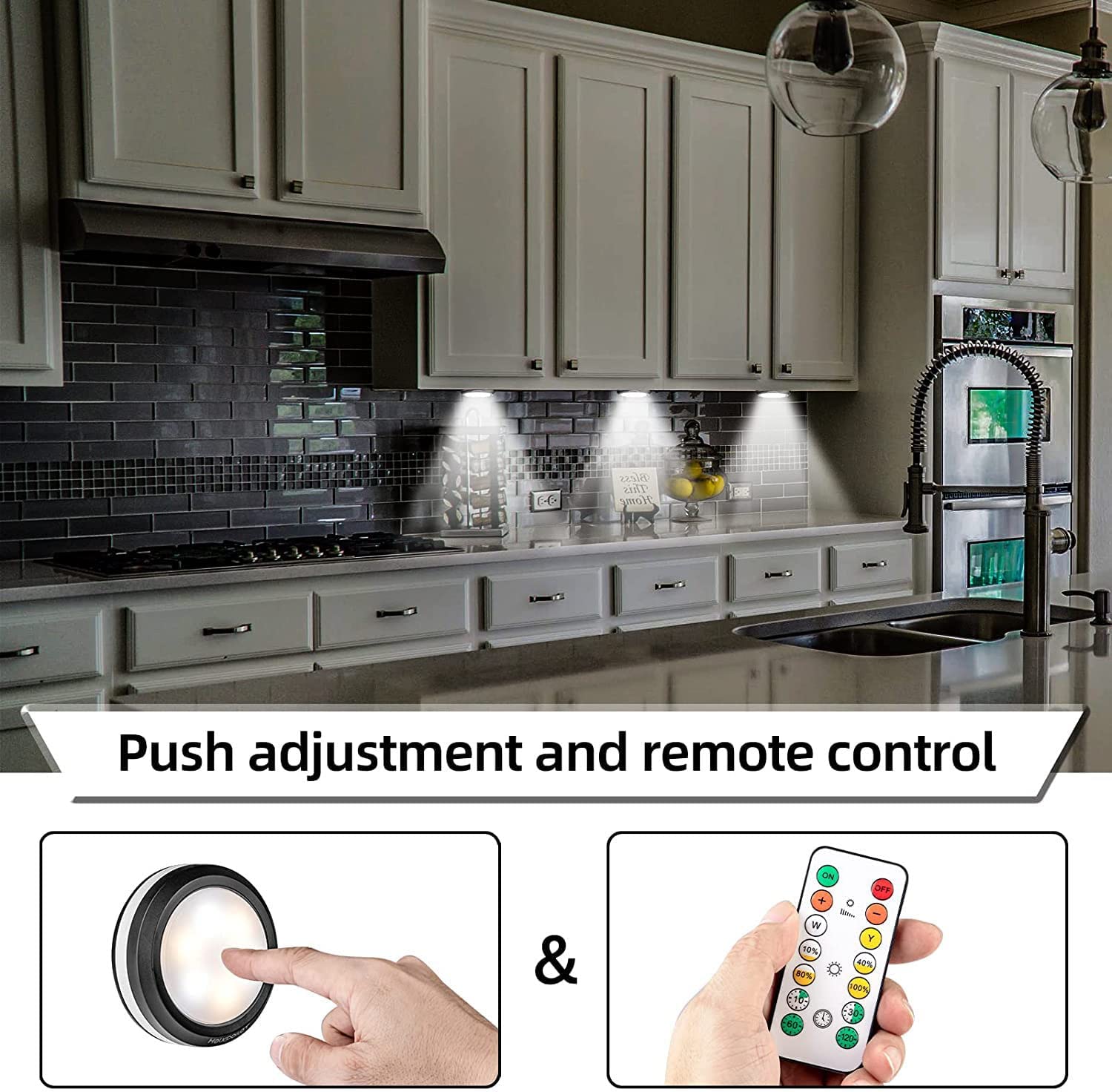 HOLKPOILOT Battery-Operated Night Lights Puck Lights with Control,Under Cabinet Lighting,Under Counter Light Battery Operated, Closet Light, Battery Led Lights(6Pack with 18Batteries)